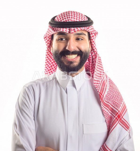 Portrait of a happy Saudi Gulf man, a Hollywood smile, using porcelain ...