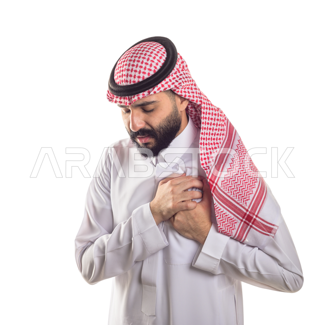 Portrait of a sick Gulf Arab man with face and hand gestures indicating ...