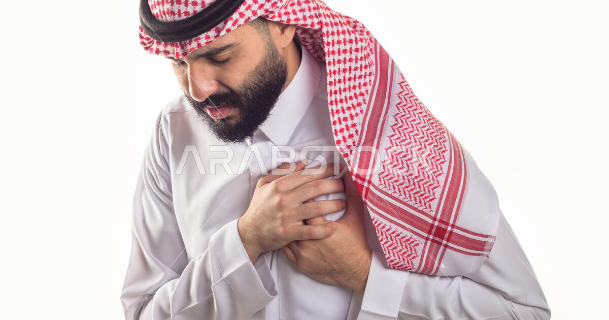 Portrait of a sick Gulf Arab man with face and hand gestures indicating ...