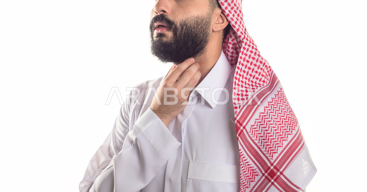 Portrait of a sick Gulf Arab man with face and hand gestures indicating ...
