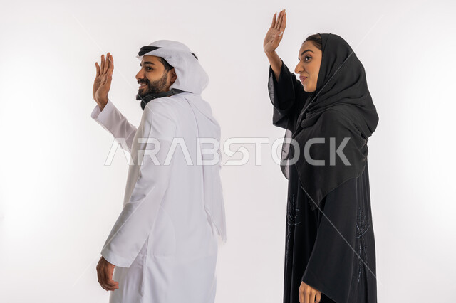 Expressions of greeting and greeting, side portrait of an Arab Gulf ...