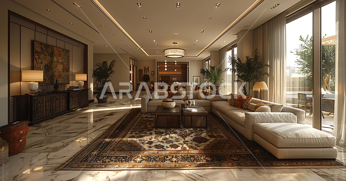 غرفة معيشة بتصاميم عصرية حديثة ، ديكورات داخلية ونوافذ زجاجية متميزة، غرفة جلوس بأثاث منزلي راقي ...