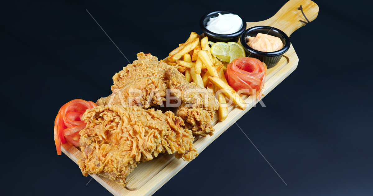 طبق قطع الدجاج والبطاطا المقلية المقرمش على لوح خشبي، دجاج بروستد الشهي، وجبات المطاعم السريعة ...