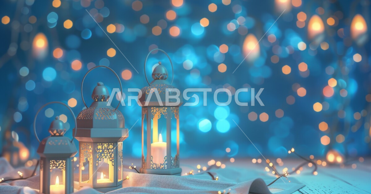 أنوار وديكورات في الأجواء الرمضانية الروحانية، رسم توضيحي ثلاثي ابعاد ...