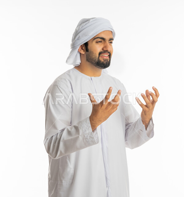 Standing with gestures of reproach, rebuke and rejection, trying to ...