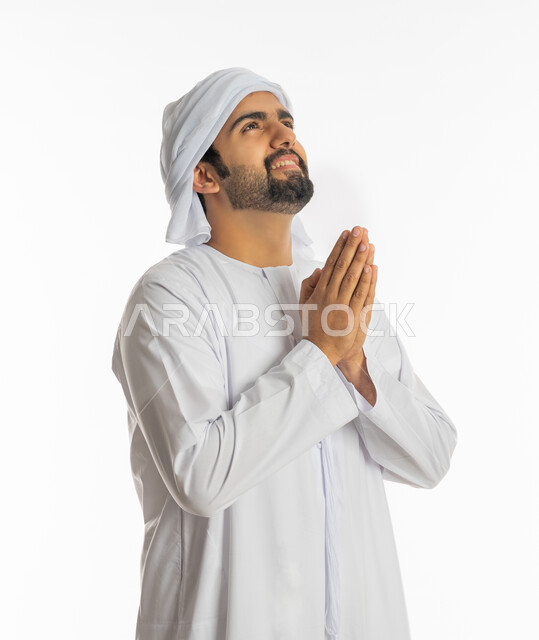 Asking for help and wanting to fulfill wishes, standing with gestures ...