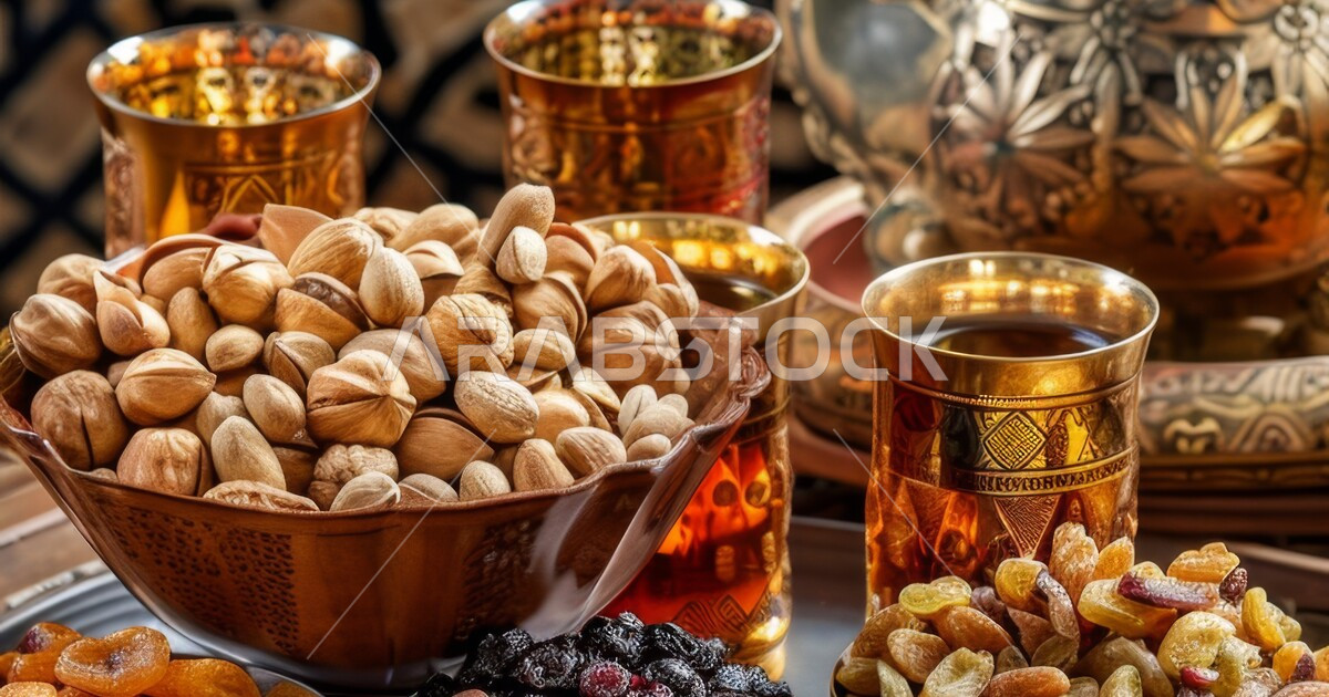 Delicious healthy nuts and dates, dishes full of dates, dried fruits ...