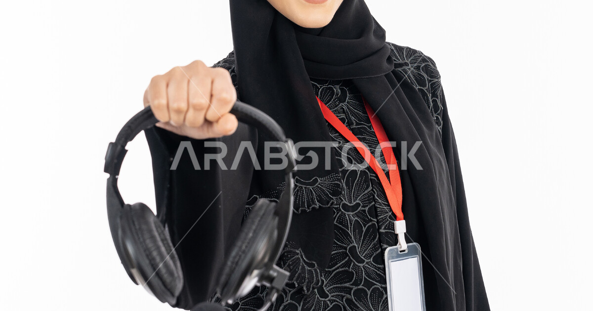 Customer service concept, use of headphone technology, work in the ...