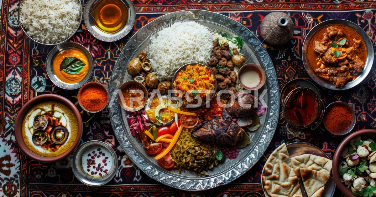 A plate of white rice with pieces of chicken, meat and vegetables ...