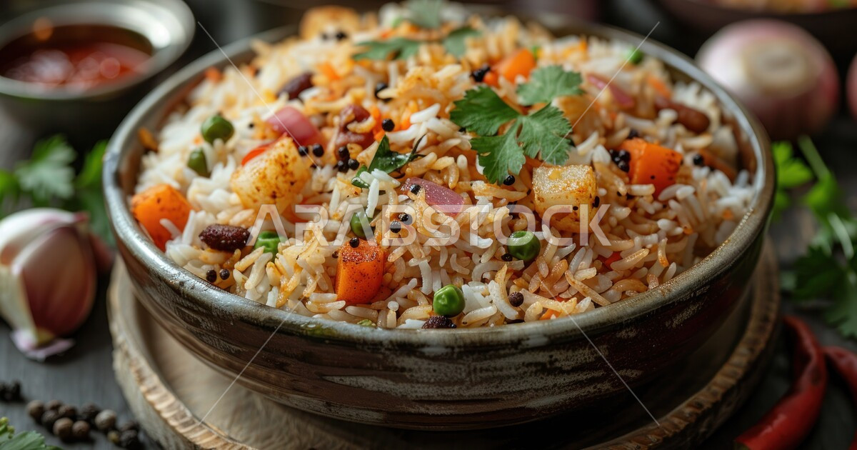 A plate of cooked biryani rice, traditional Arabic food and dishes, the ...