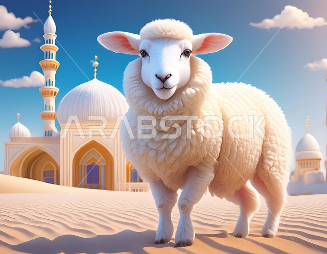 Cartoon drawings of a white sheep standing on the soft sand in the ...