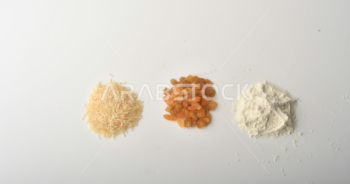 A group of rice, raisins , flour on a white background. - Photo #16406 ...