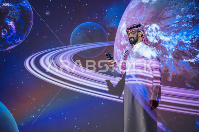 Future vision 2030, a smiling Saudi Arab Gulf man standing between the ...