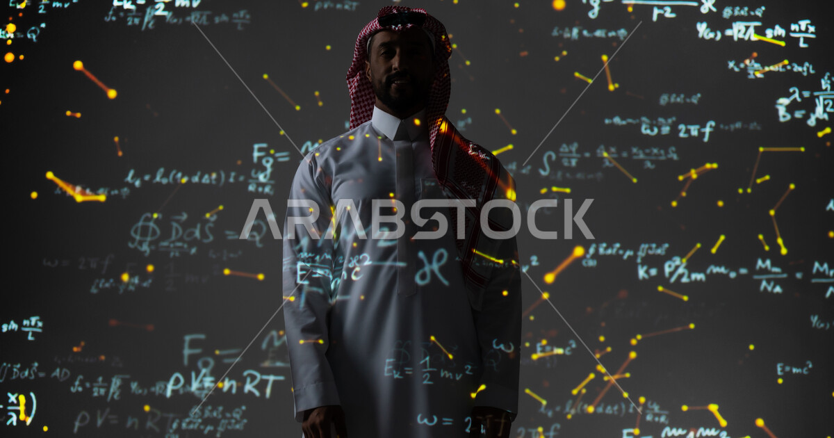 Numbers and calculations in mathematics, a Saudi Gulf Arab man wearing ...