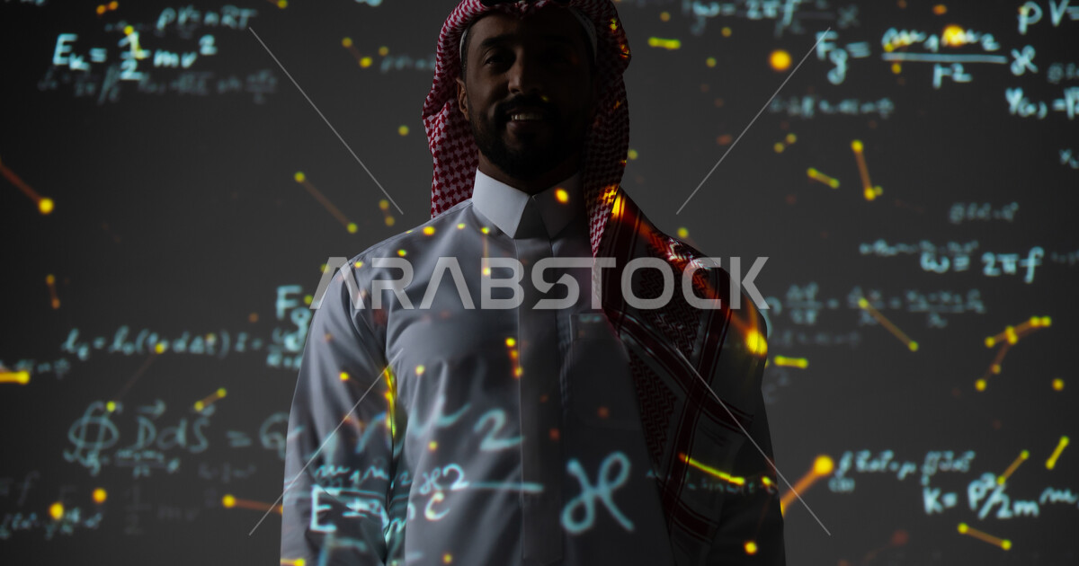 Numbers and calculations in mathematics, a Saudi Gulf Arab man wearing ...