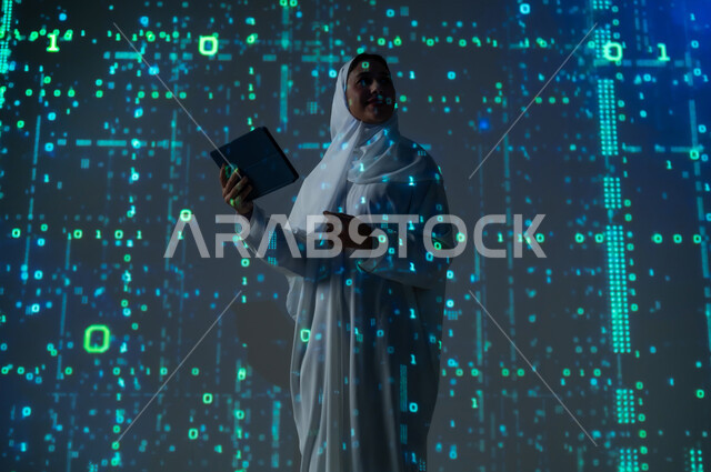 Symbols, numbers and programming languages, the use of advanced modern technologies, a smiling ...