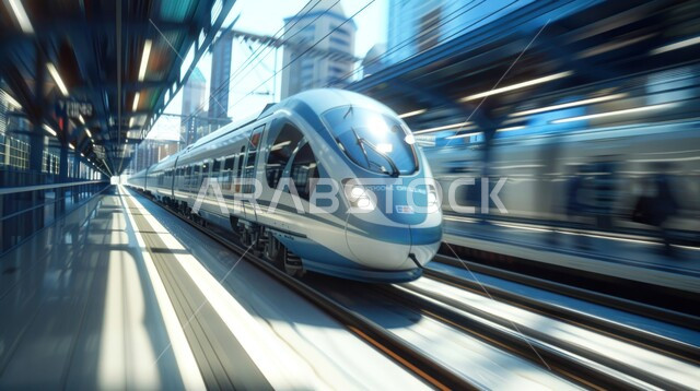 A modern high-speed train passing through a futuristic urban station, the rapid transit railway ...