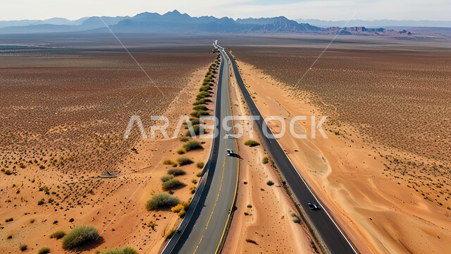 Paved asphalt road in the middle of soft golden sand, sand dunes in ...