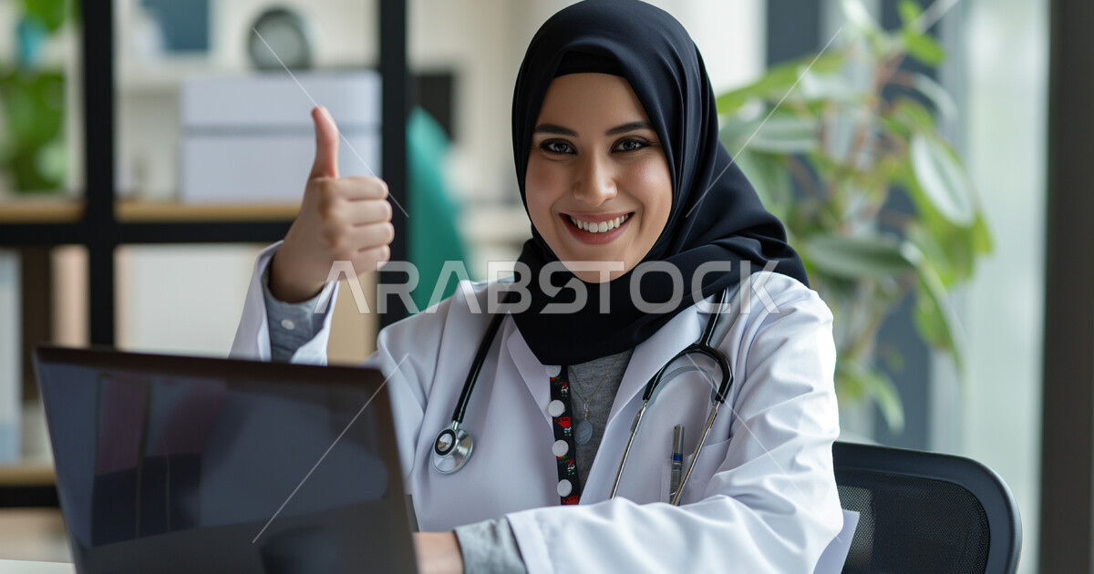 Using modern technologies and devices, a close-up photo of a veiled ...