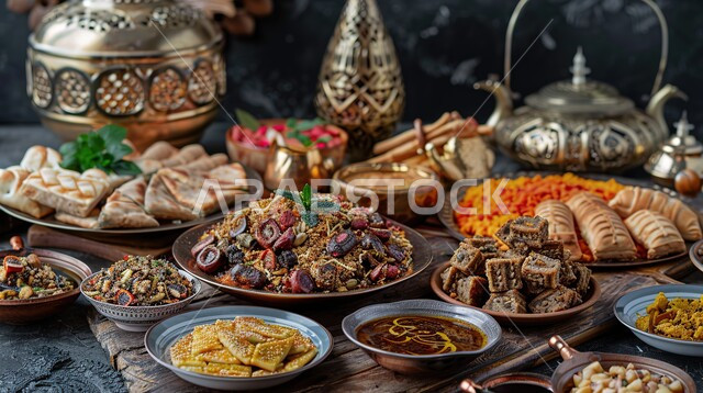 Traditional popular foods and dishes, a close-up of a dinner filled ...