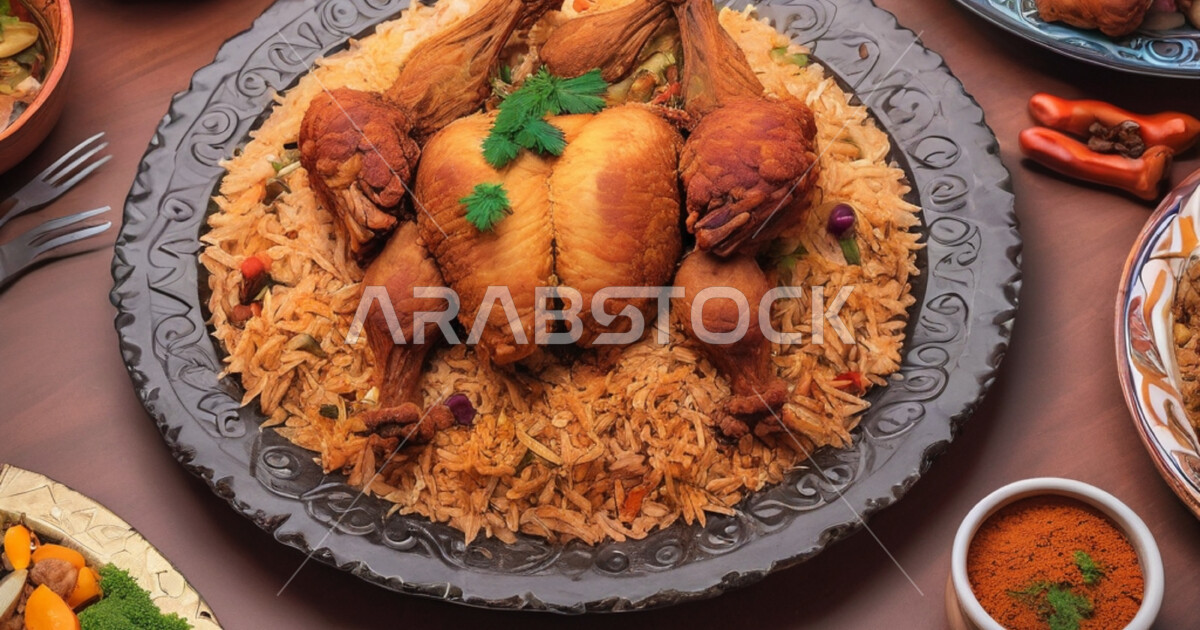 A plate of kabsa rice with chicken and vegetables, traditional Arabic ...