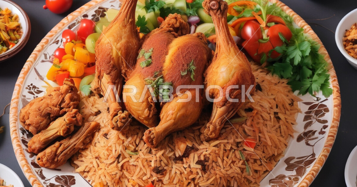 A plate of kabsa rice with chicken and vegetables, traditional Arabic ...