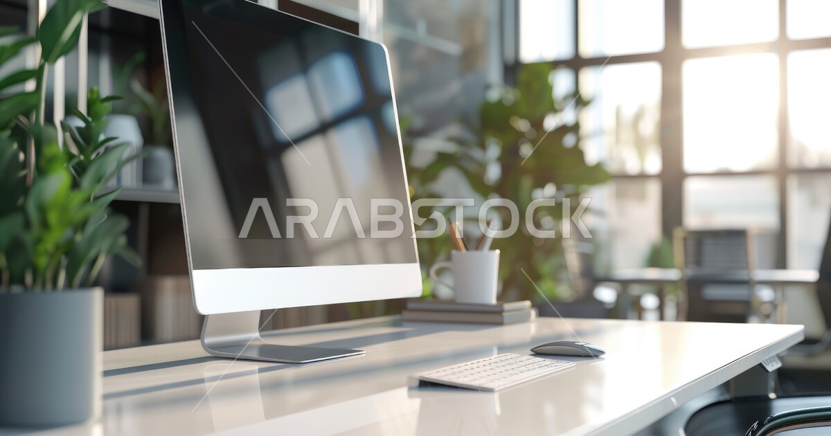تصاميم عصرية حديثة لمكاتب الشركات السعودية، صورة مقربة لجهاز الكمبيوتر بتجهيزات حديثة وأثاث أنيق ...
