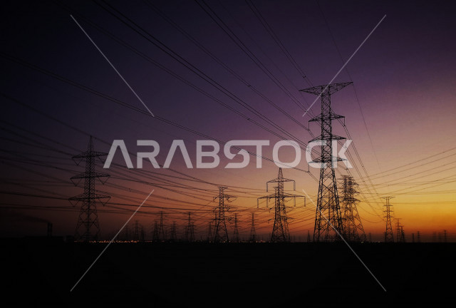 High-voltage power lines in Yanbu Industrial City in the Kingdom of ...