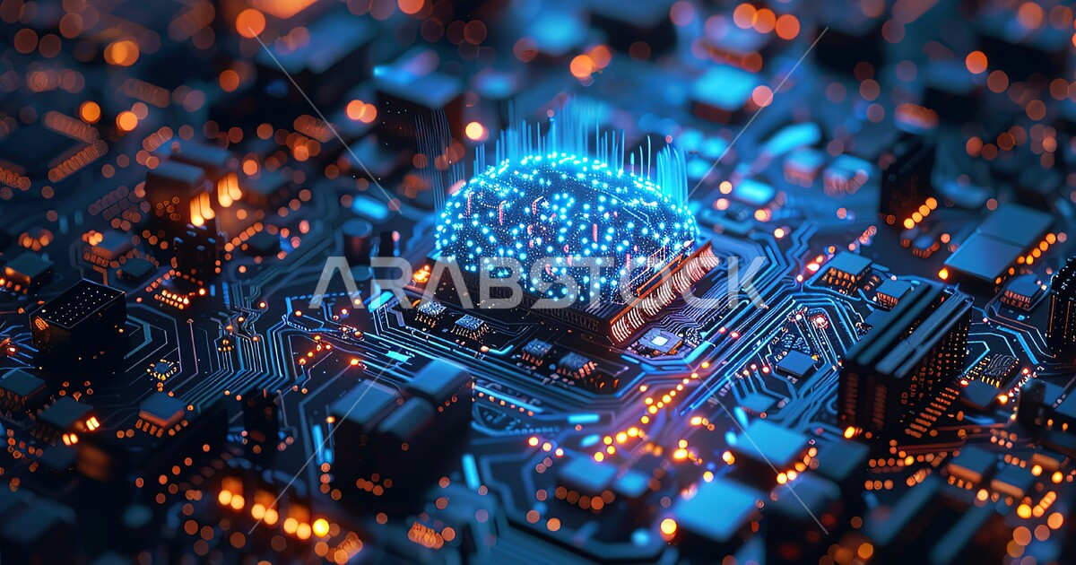 The motherboard in the laptop, holographic digital codes representing ...