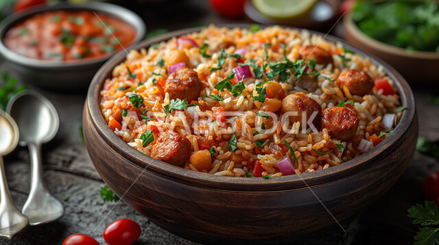 Traditional Arabic dishes and food, a plate of biryani rice with pieces ...