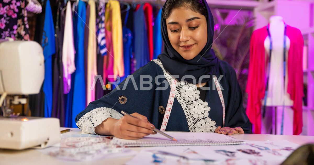 A beautiful veiled Saudi Arabian Gulf young woman smiling while working ...