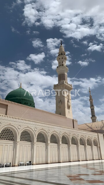 The domes and minarets of the Prophet’s Mosque in Medina, worship and ...