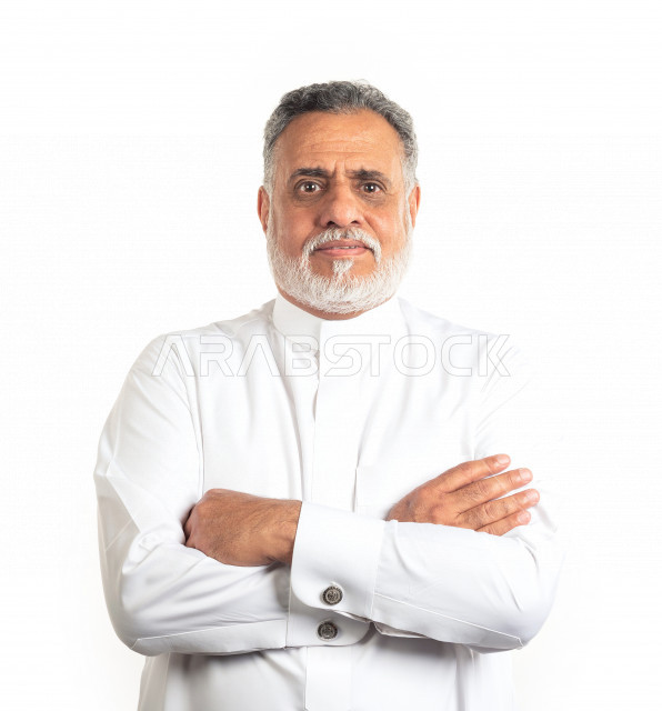 Portrait of an old Saudi Arab man smiling doing photo sessions with ...