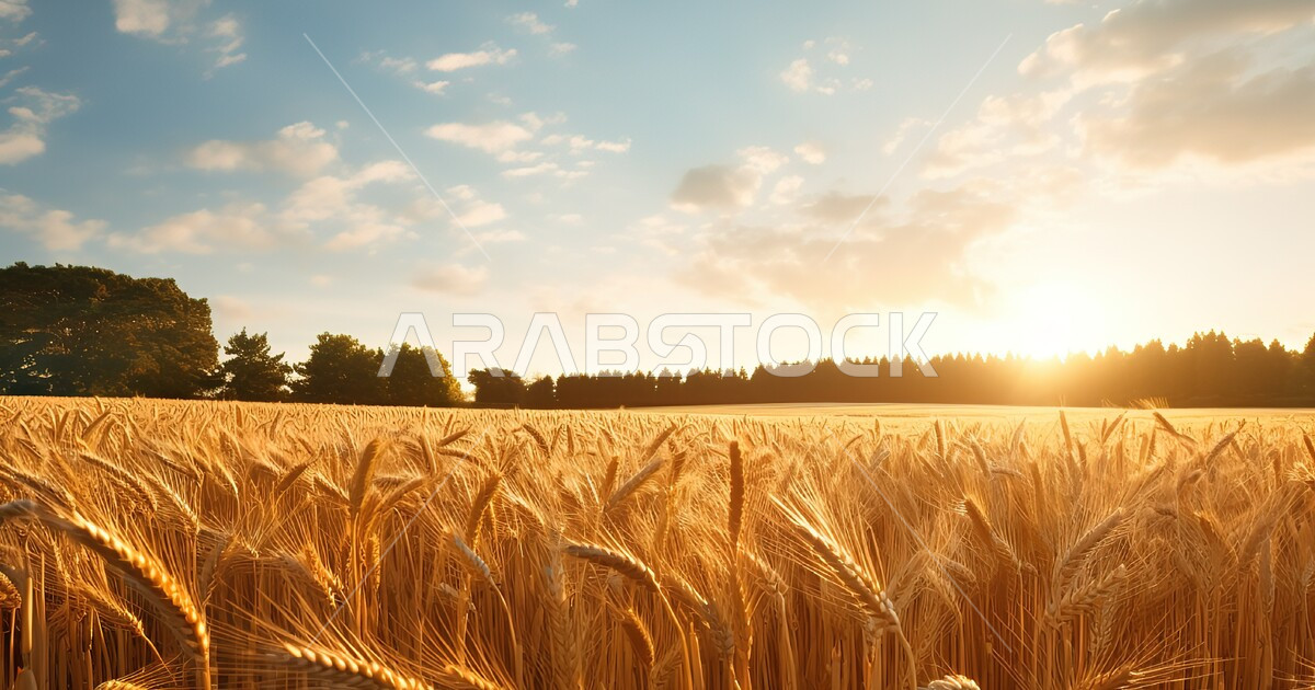 Fields and agricultural lands of golden wheat ears at sunrise, local ...