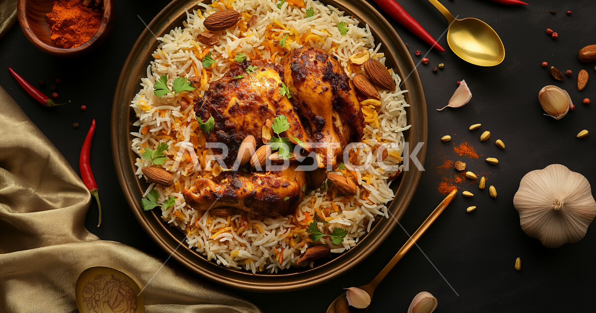 A dish of kabsa rice with fried chicken decorated with parsley ...