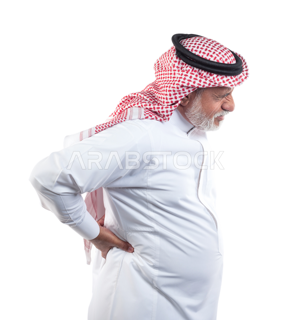 Portrait of an elderly Saudi Arab man with his hand on his back ...
