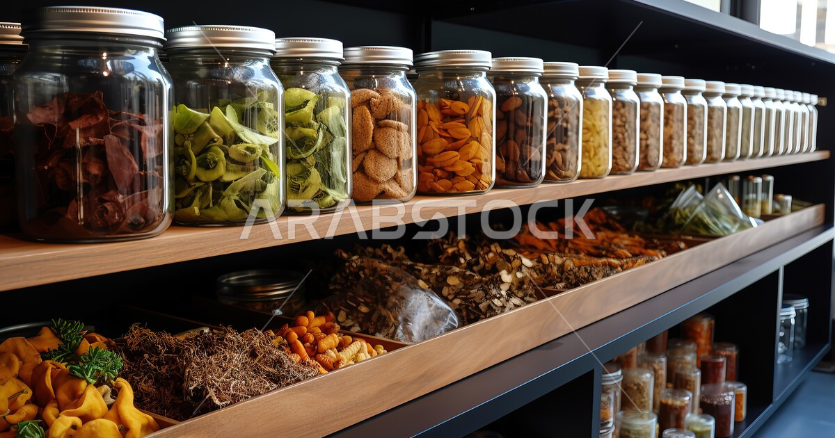Various goods and food items on supermarket shelves, purchasing ...