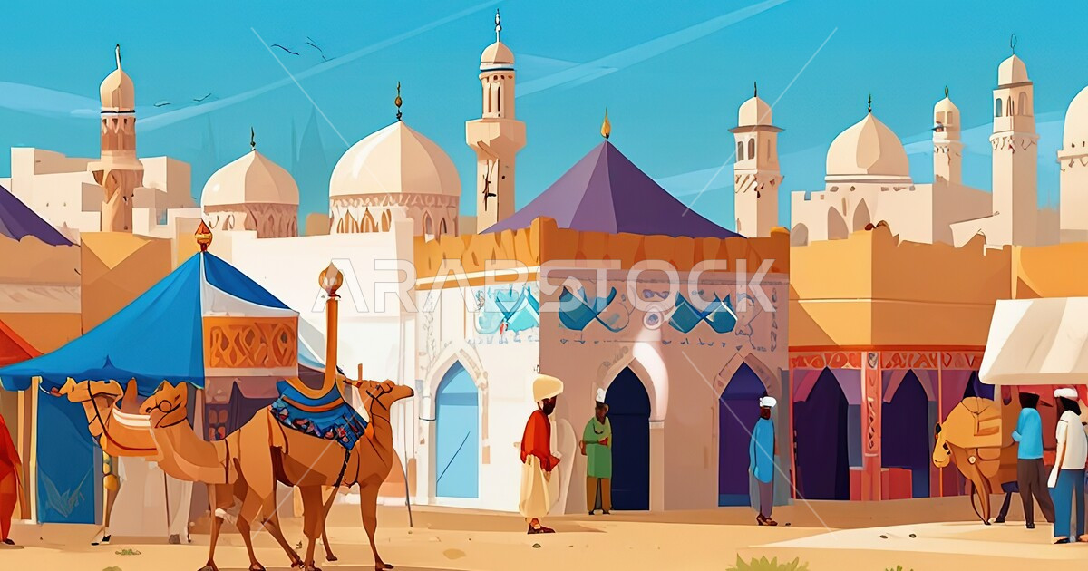 3D cartoon of Arab men walking with camels during the day, traditional ...
