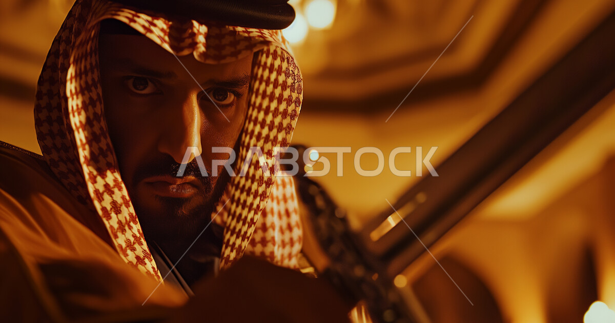 Close-up of a Saudi Arabian Gulf man wearing a traditional Saudi ...