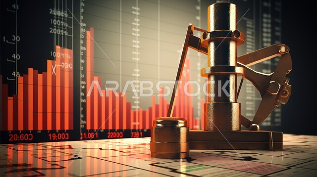 Stock market rise and fall, 3D model of oil pump in front of stock ...