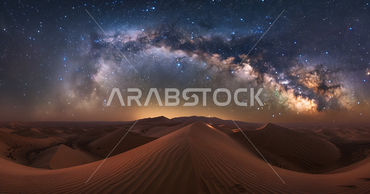 View of the Milky Way and bright stars in the Saudi sky, golden sand ...