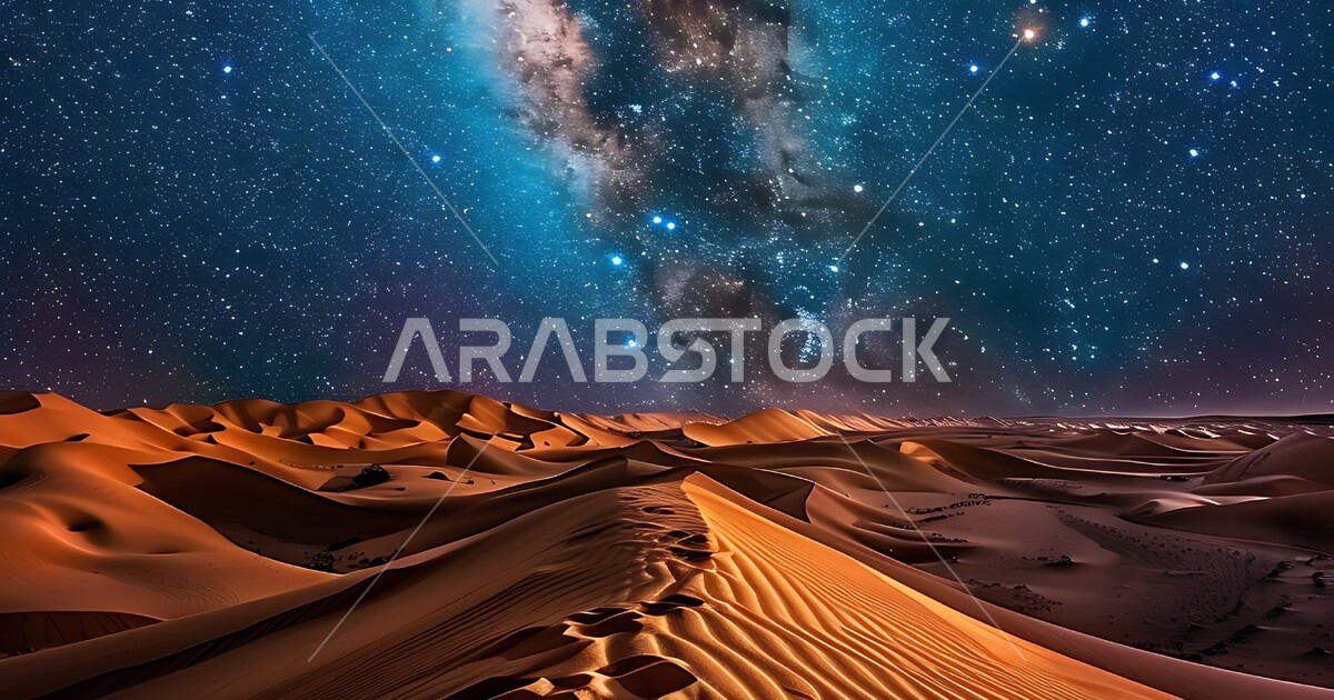 View of the Milky Way and bright stars in the Saudi sky, golden sand ...