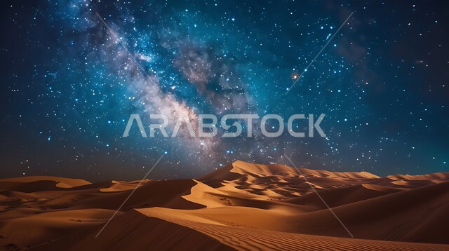 View of the Milky Way and bright stars in the Saudi sky, golden sand ...