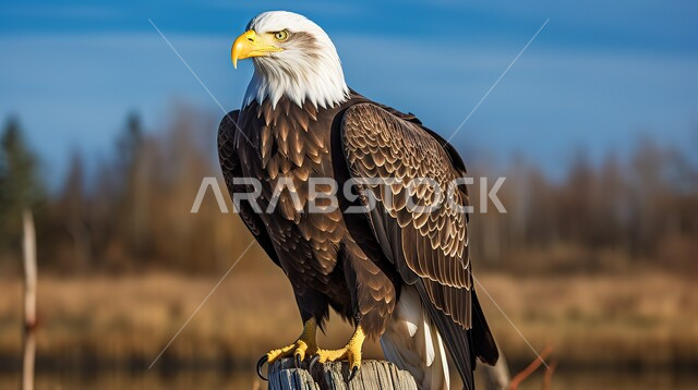 Eagle standing on a wooden branch in the nature reserves in the Kingdom ...