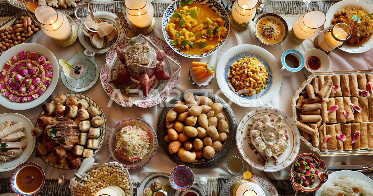 Delicious appetizers, dishes and oriental Arabic dishes, a dining table ...