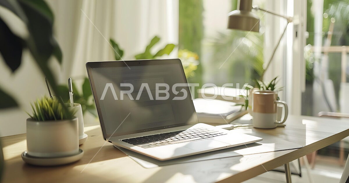 مكتب عمل بواجهه زجاجية كبيرة، طاولة عمل مجهزة باللوازم المكتبية، العمل ...