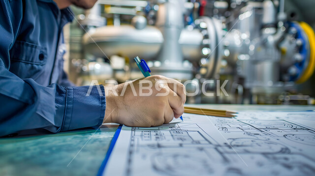 Close up of engineer drawing pump and valve plans for pumping station ...