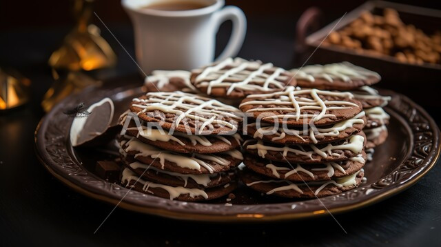 A plate of chocolate cookies with cream, oriental Arabic sweets, snacks ...