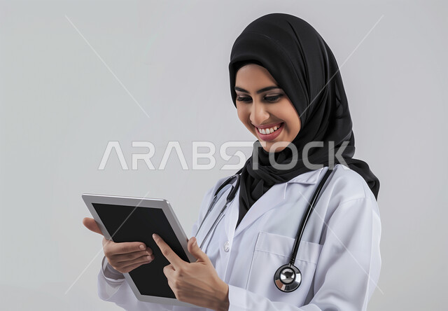 Conducting online medical consultations, raising hand with quality and ...