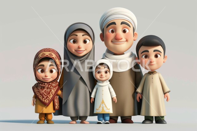 3D cartoon drawings of a Saudi Gulf Arab family standing upright with ...